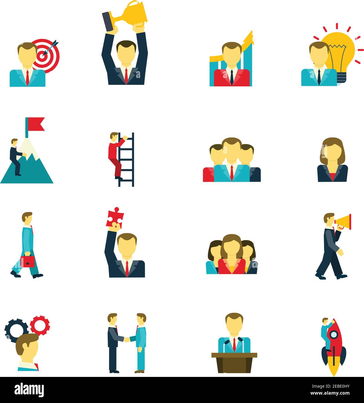 Leadership and success in business life and at work icons set flat ...