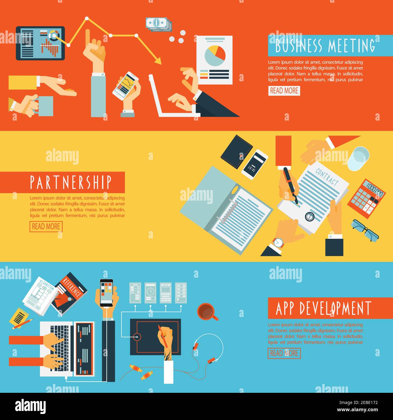 Apps development teamwork management long hands concept flat banners ...