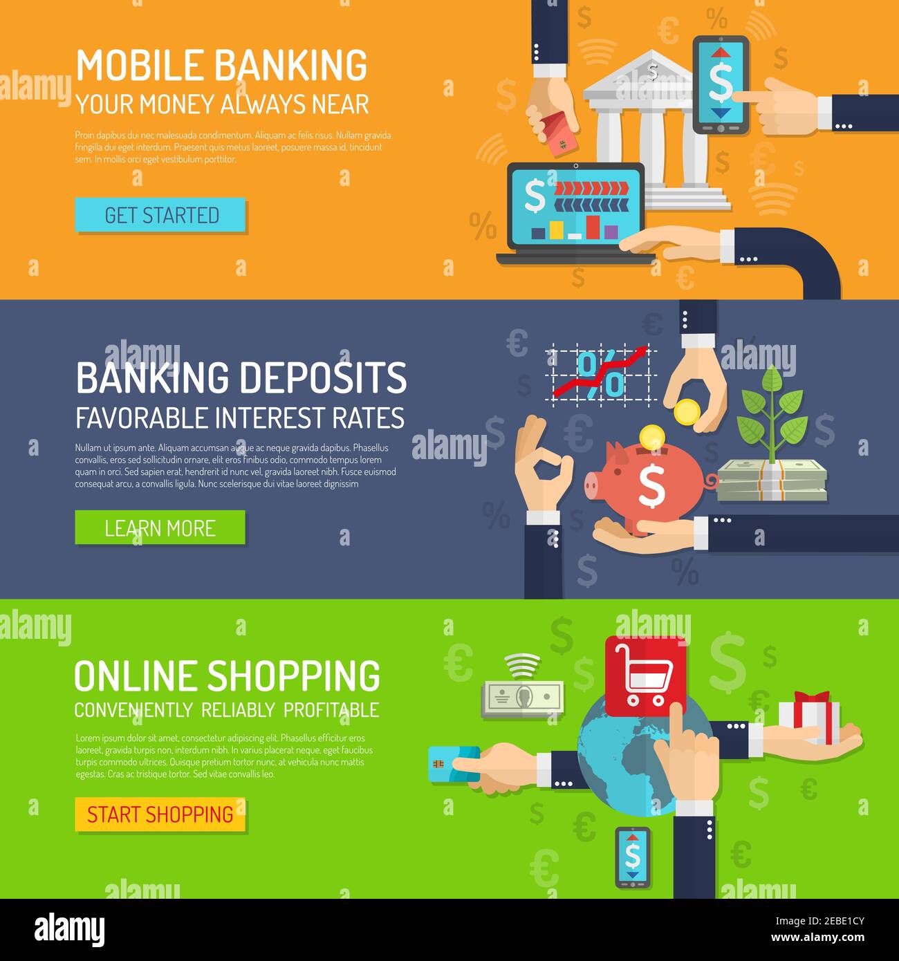 Banking banner horizontal set with mobile deposit and online shopping ...