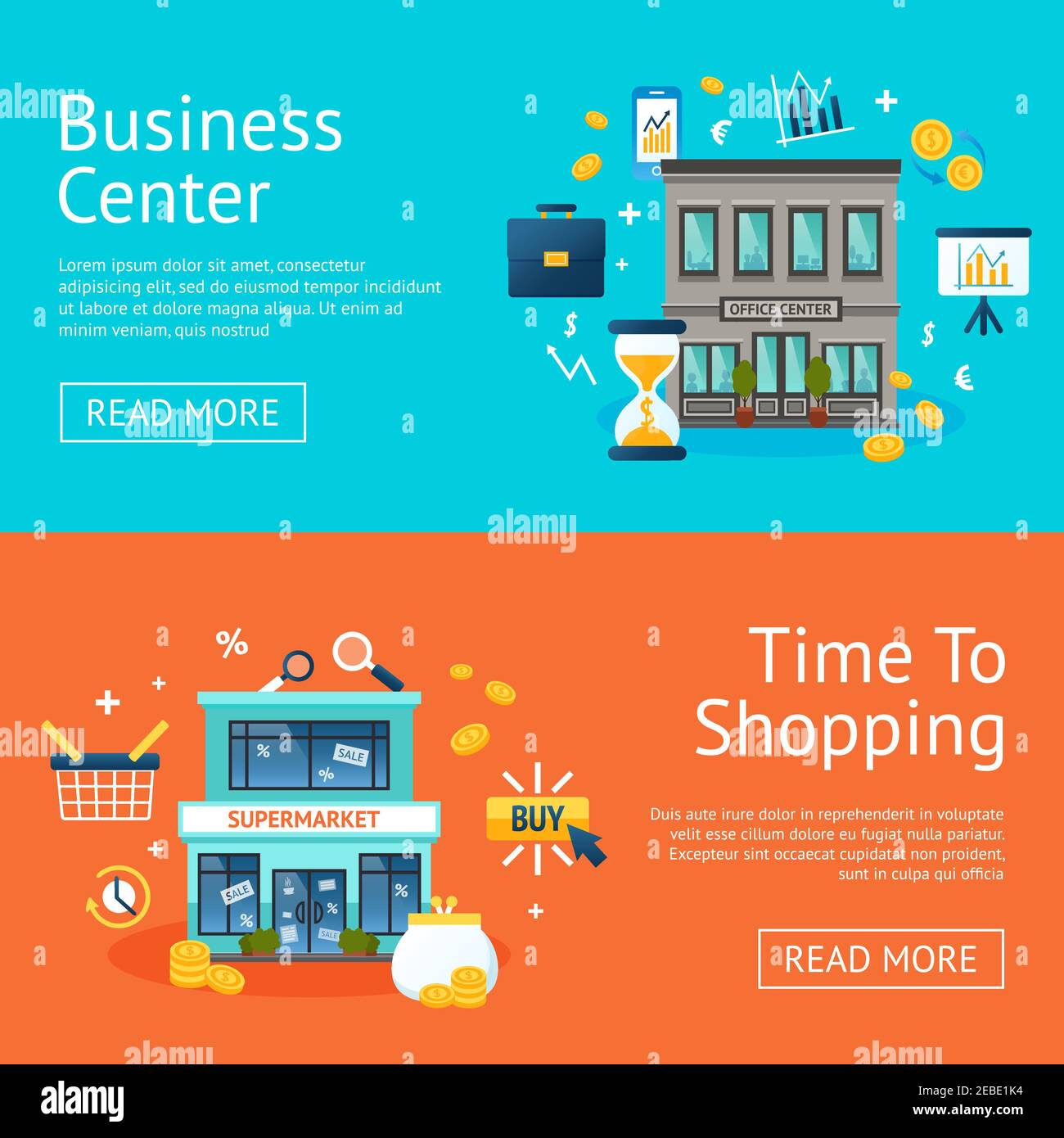 Business office and shopping center horizontal banners set isolated ...