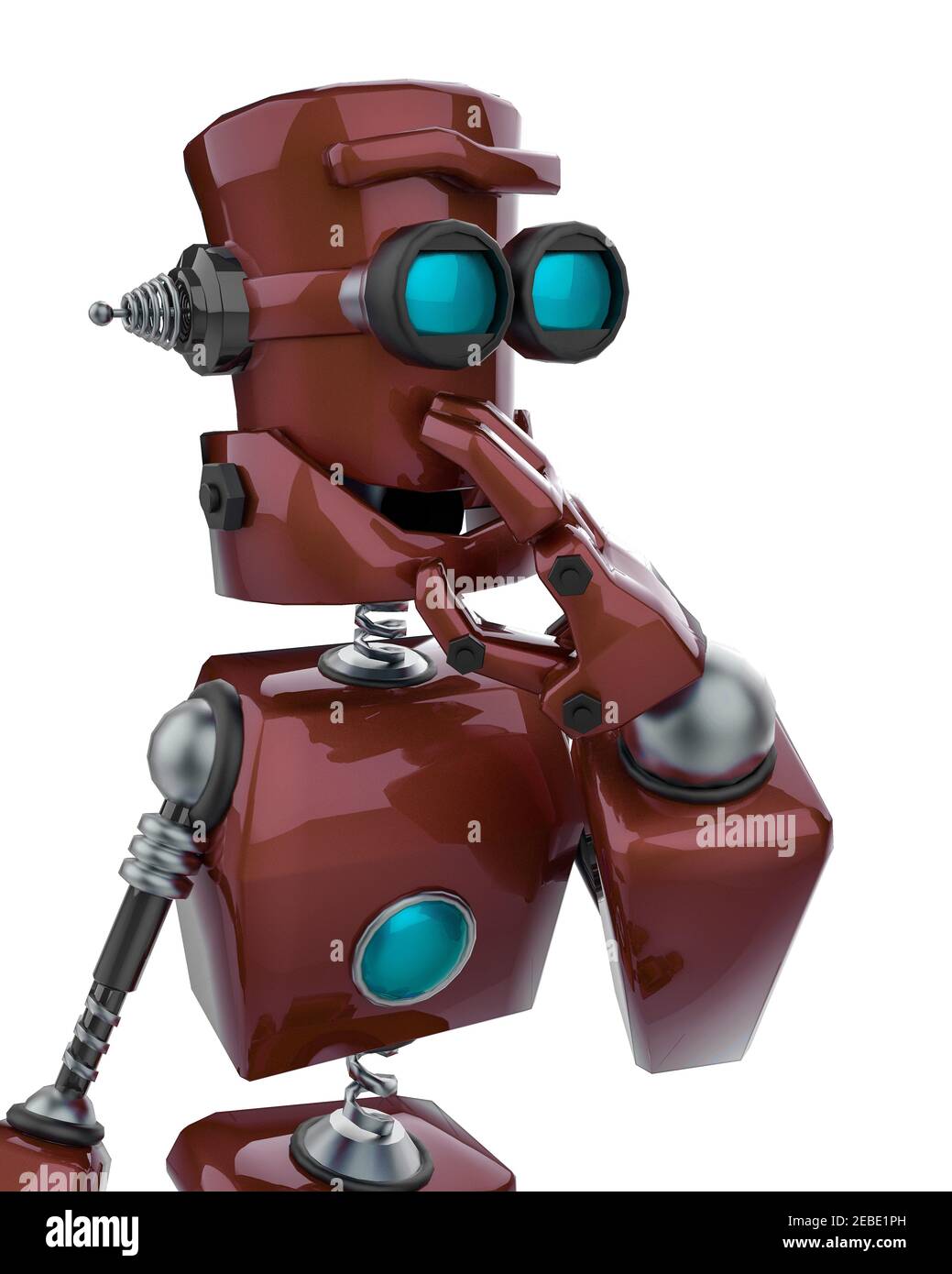 funny robot cartoon is thinking about in a white background close up ...