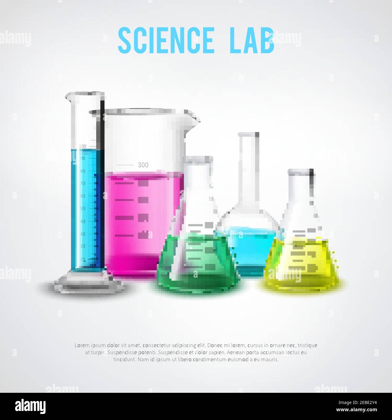 Laboratory stuff composition with colorful liquids in realistic glass ...