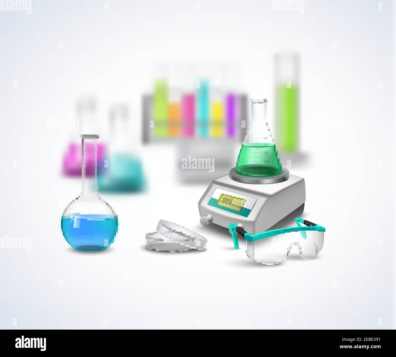 Laboratory equipment composition with tubes with liquids on scales ...