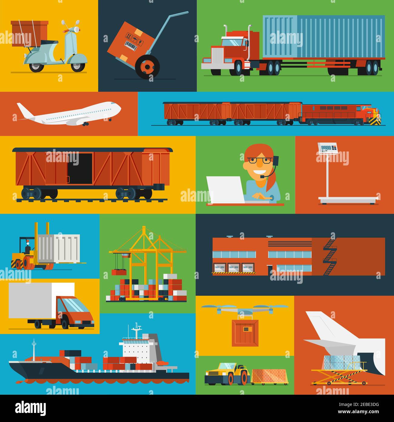 Freight transportation and delivery logistics flat icons set with ...