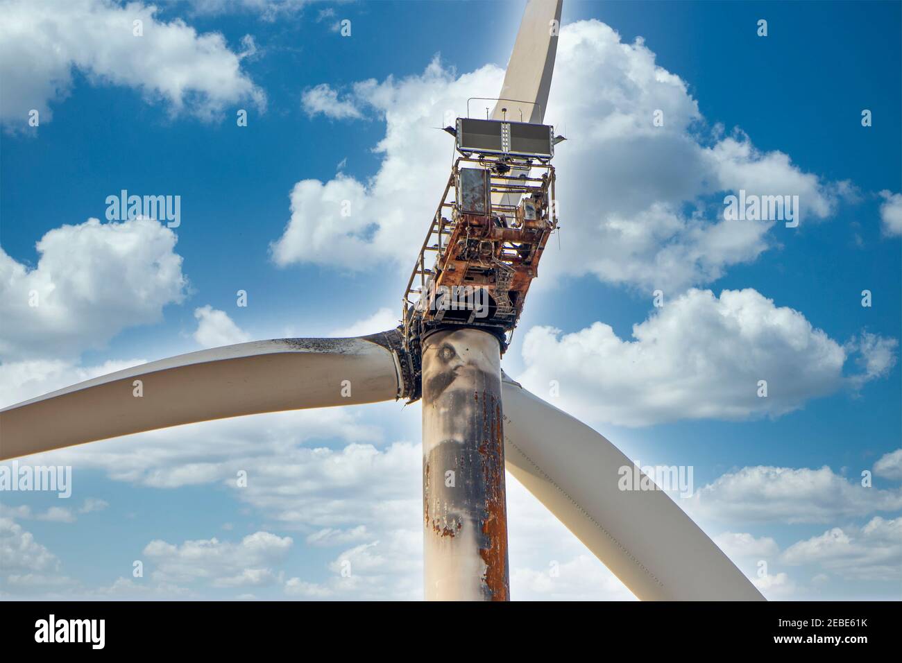 Destroyed windmill, wind power accident, short circuit and fire damaged ...