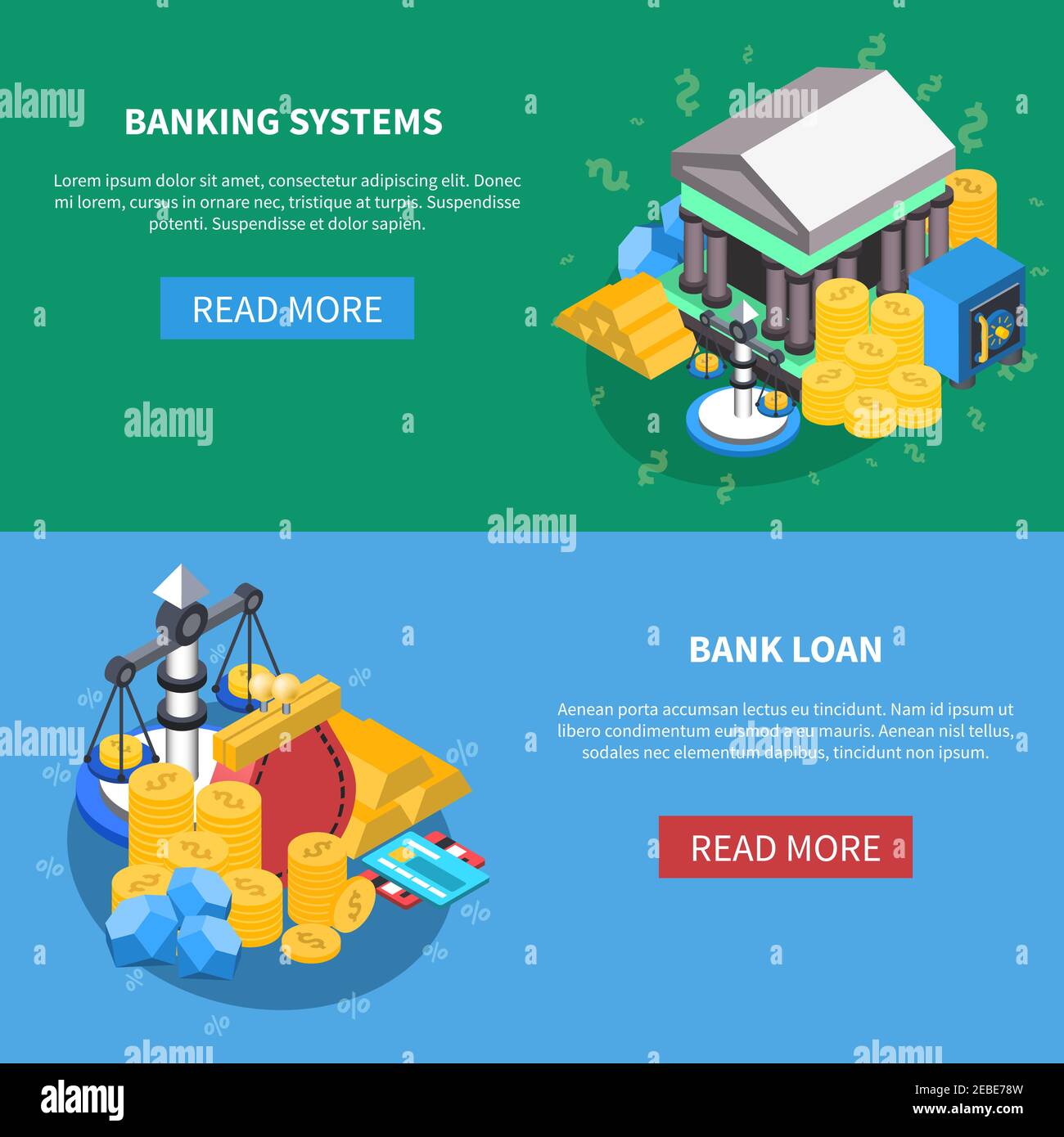 Banking systems and loan financial isometric icons webpage banners with ...
