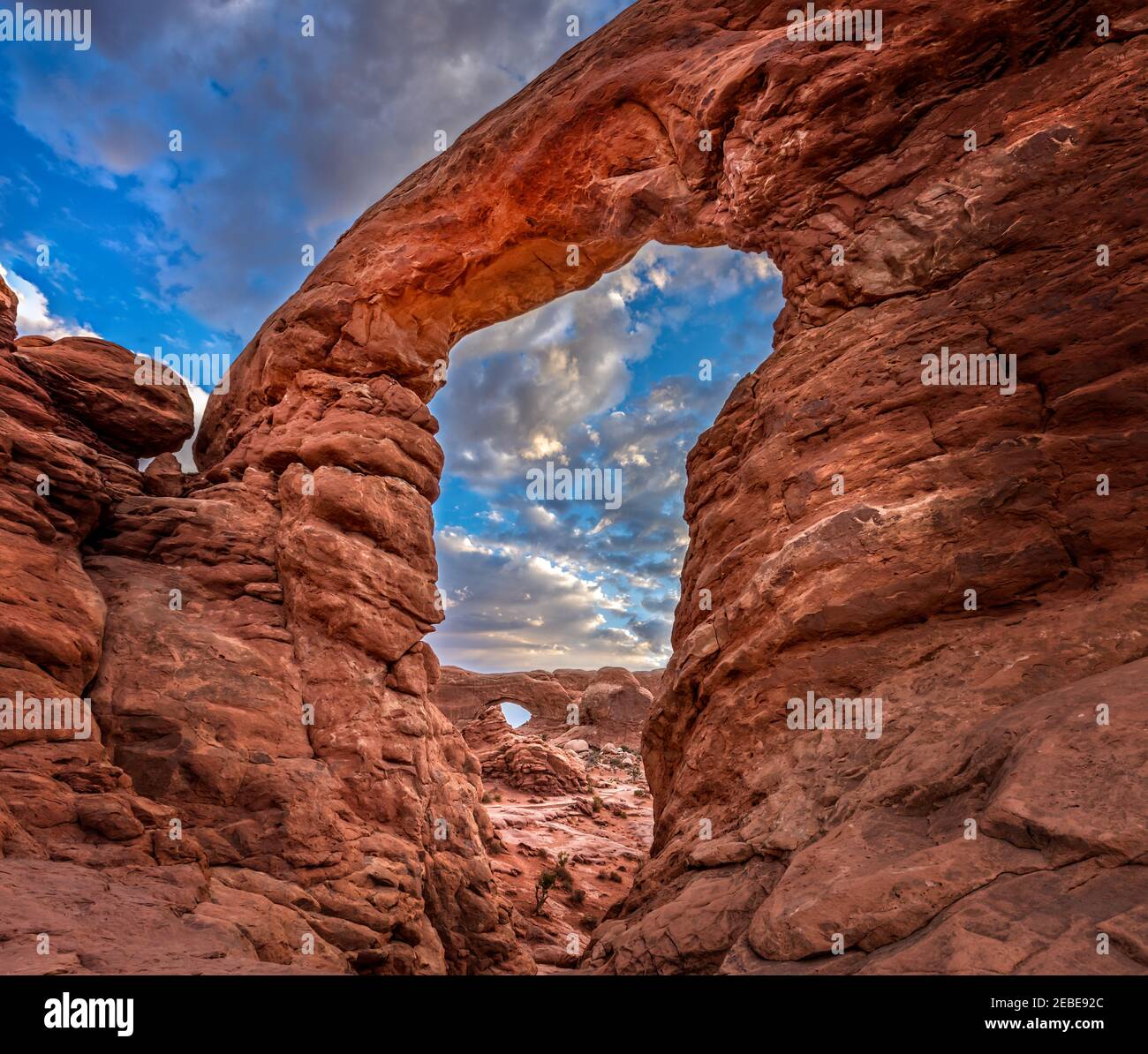 North window arch framed by the turret arch, Arches National Park Utah ...