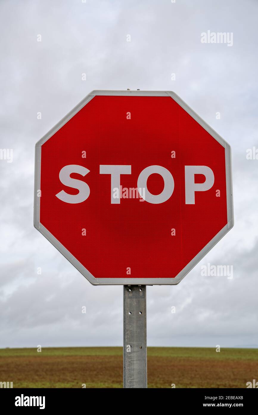 A vertical view of a bright red stop sign with a gray overcast sky ...