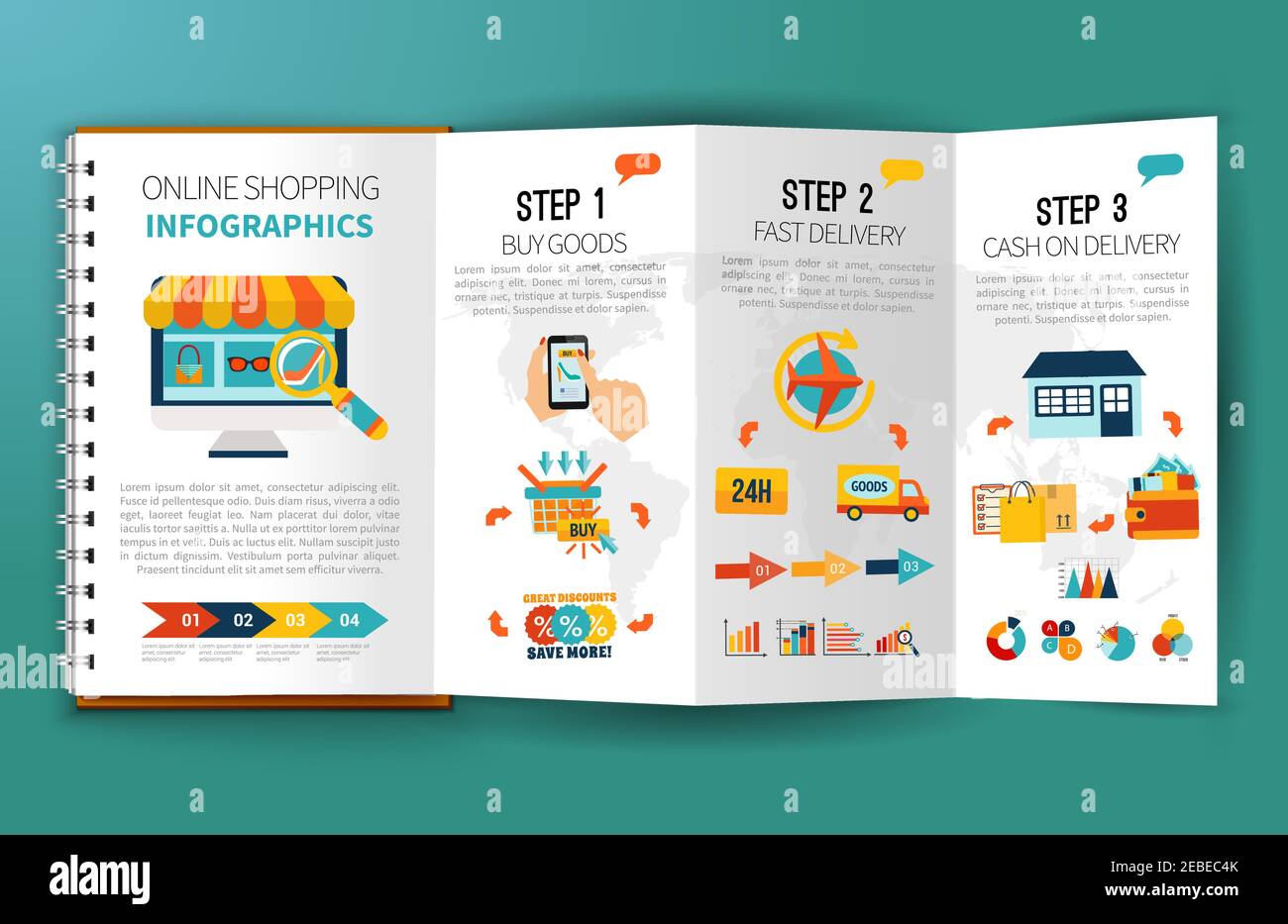 Promotional leaflet advertising online shop with infographics step-by ...