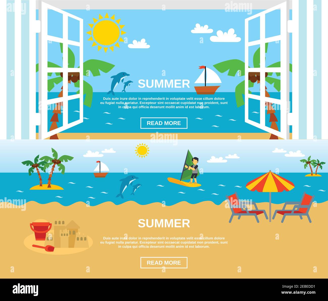 Summer and beach horizontal banners set with sea window surfing and ...