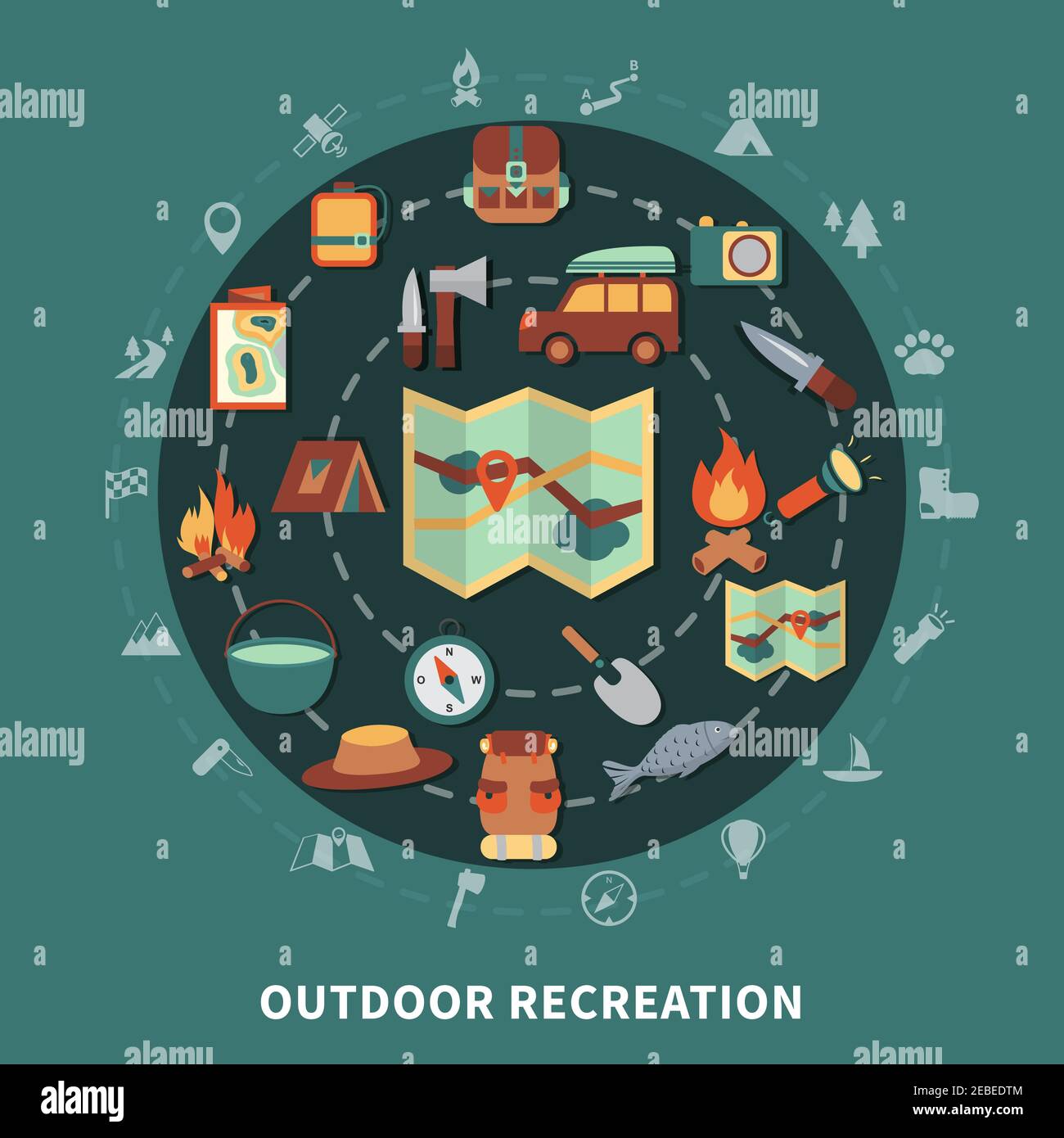 Camping flat composition with outdoor recreation elements flat vector ...