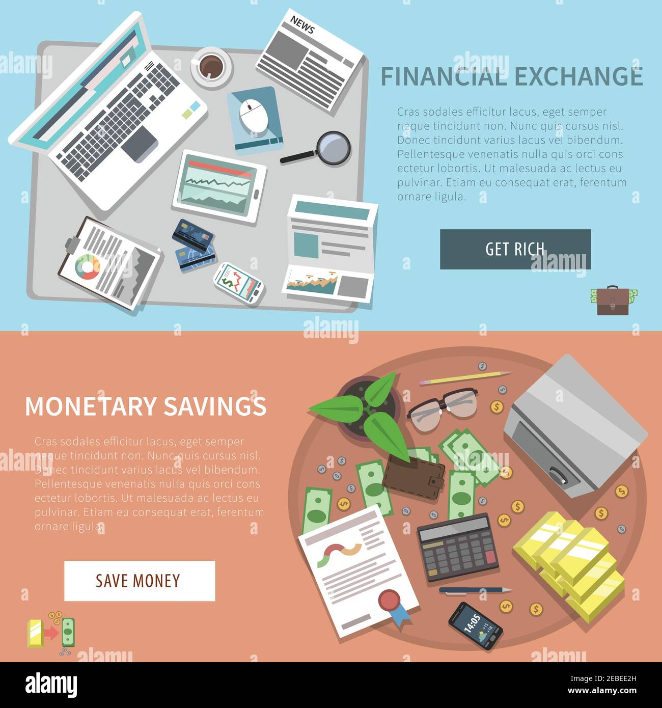 Bank horizontal banner set with financial exchange monetary savings ...