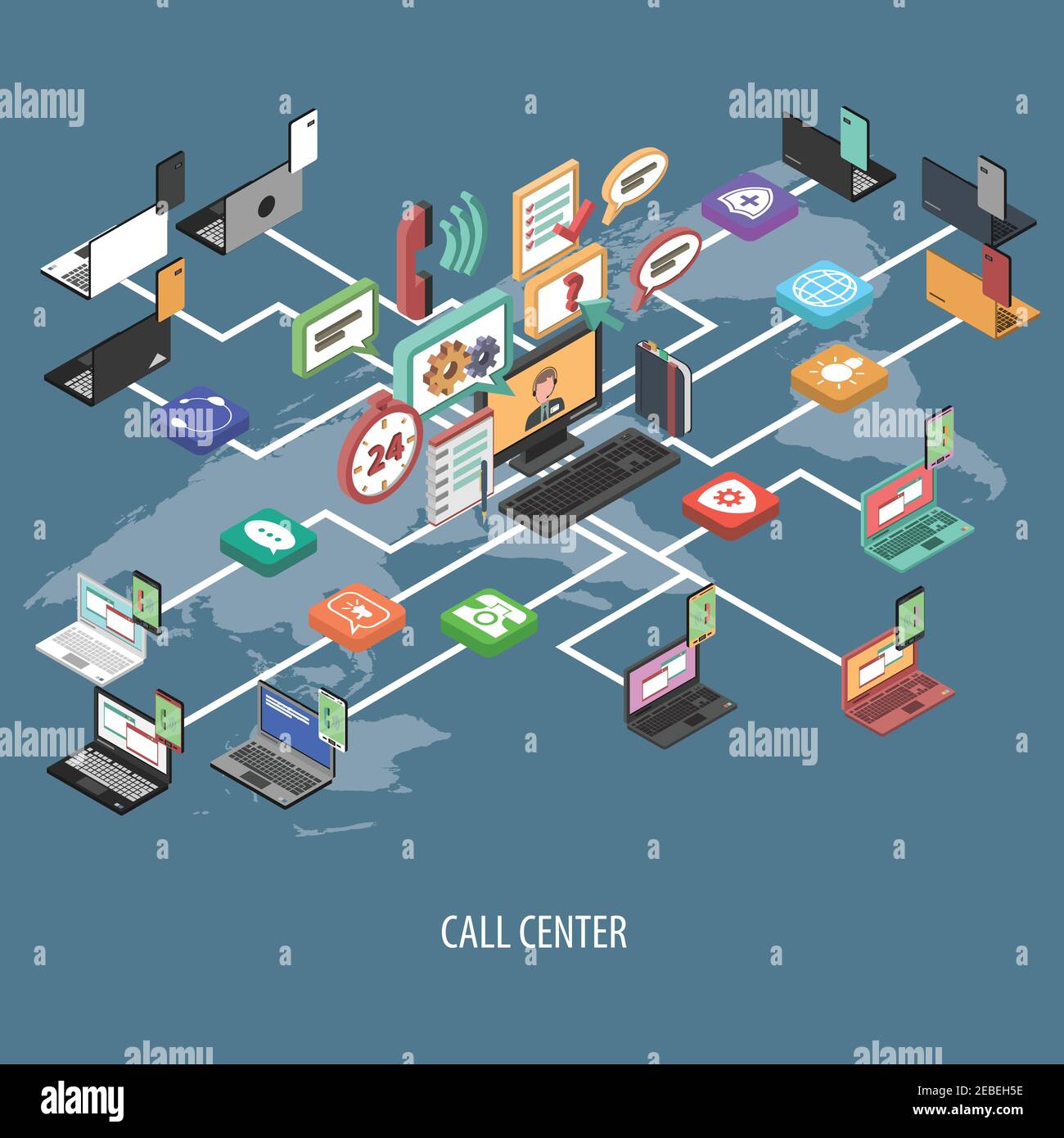 Support call center isometric flowchart concept with 3d communication ...