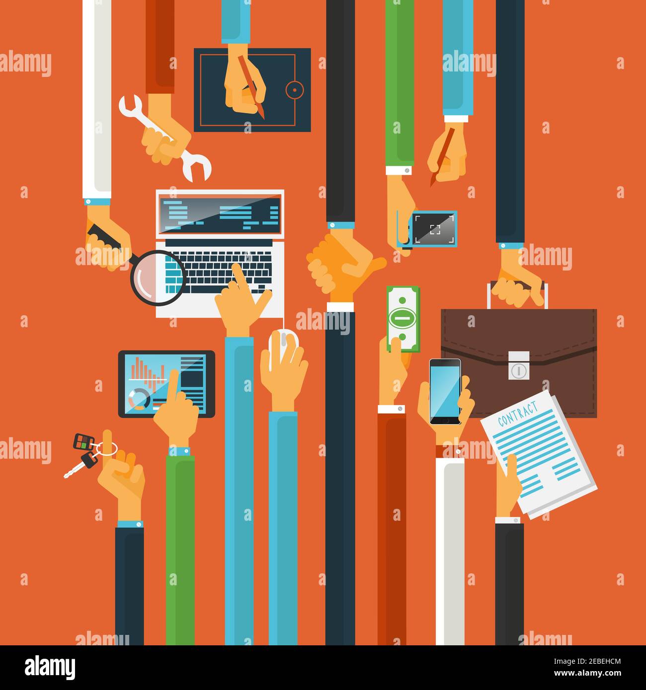 Long hands characters keys to teamwork success production process ...