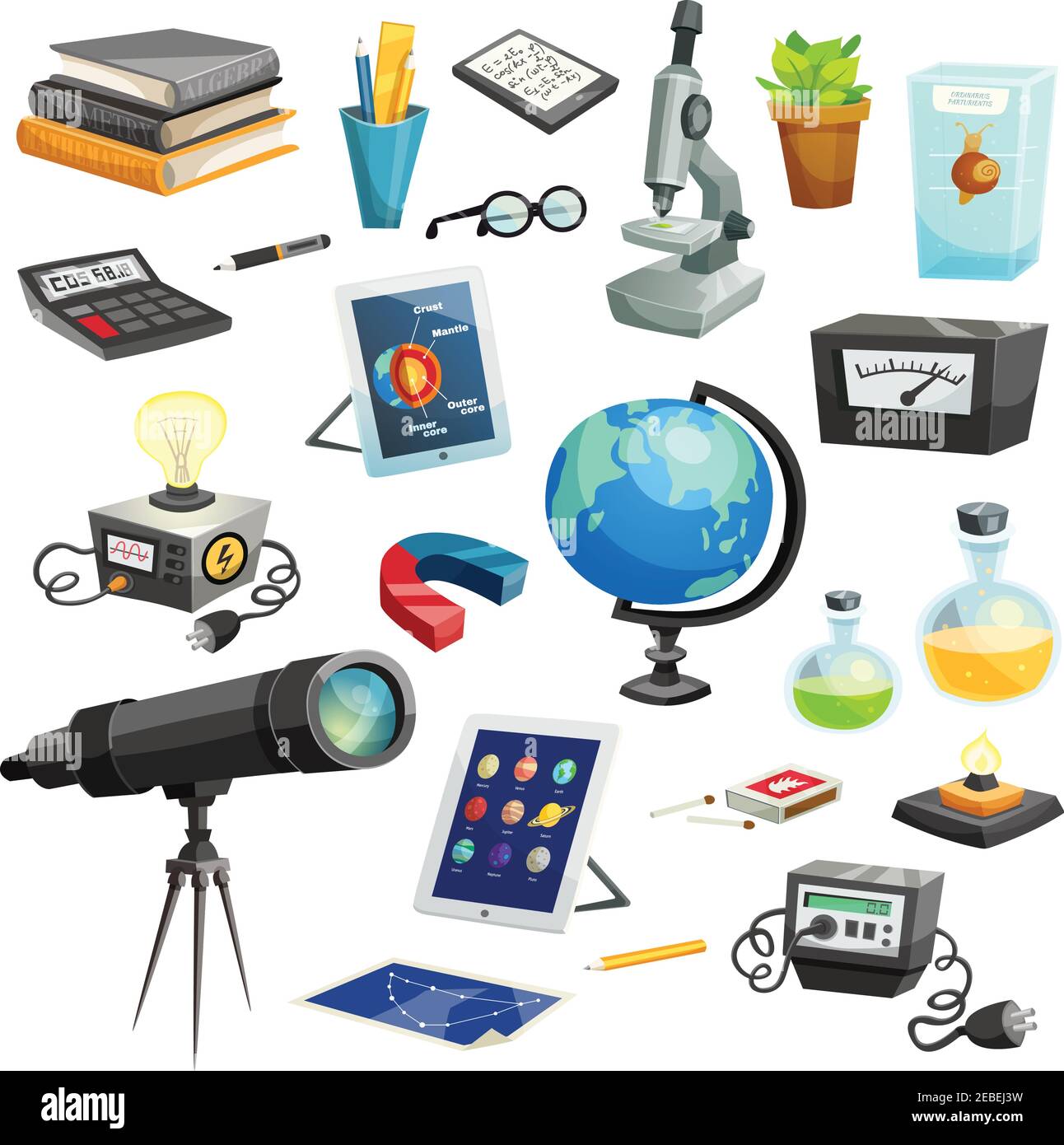 Science elements cartoon set of colorful school and scientific objects ...