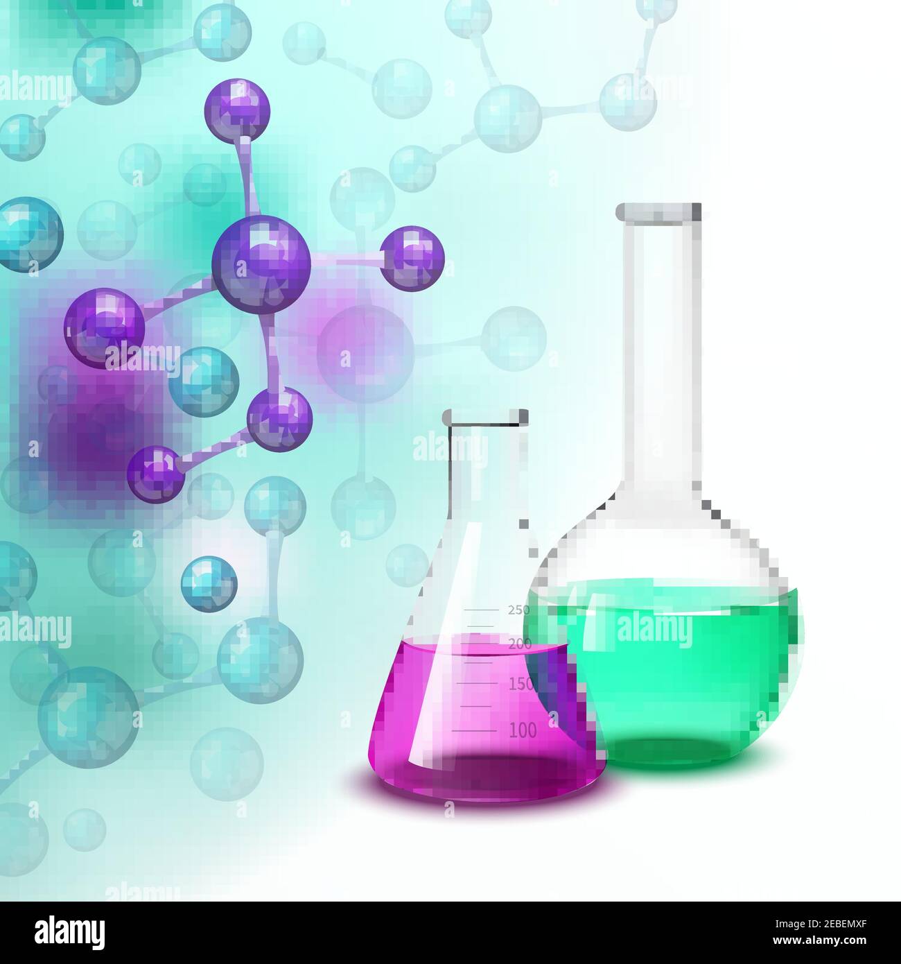 Laboratory composition with molecules chemical vessel bottles flat ...