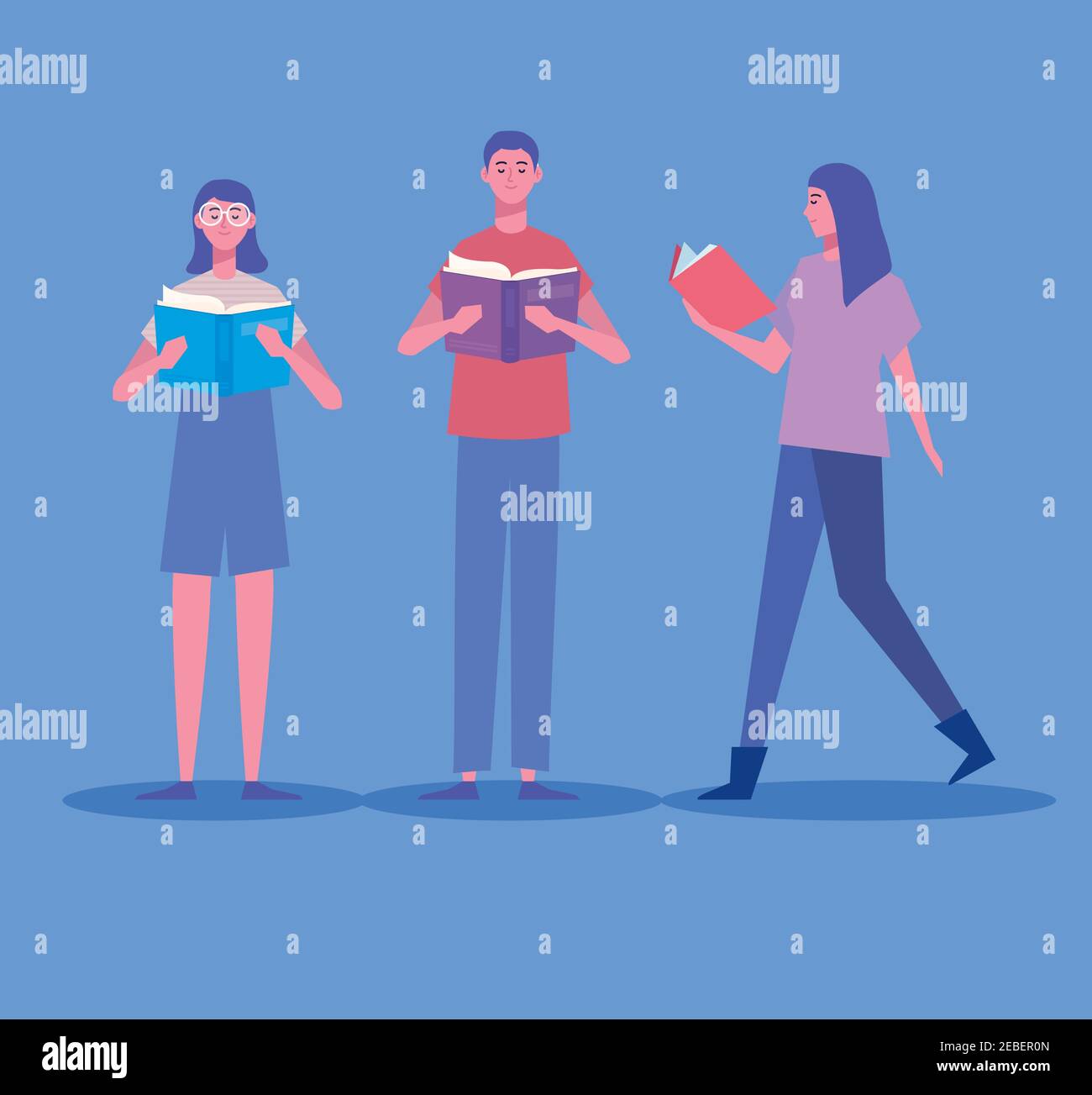 group of readers reading books standing characters Stock Vector Image ...