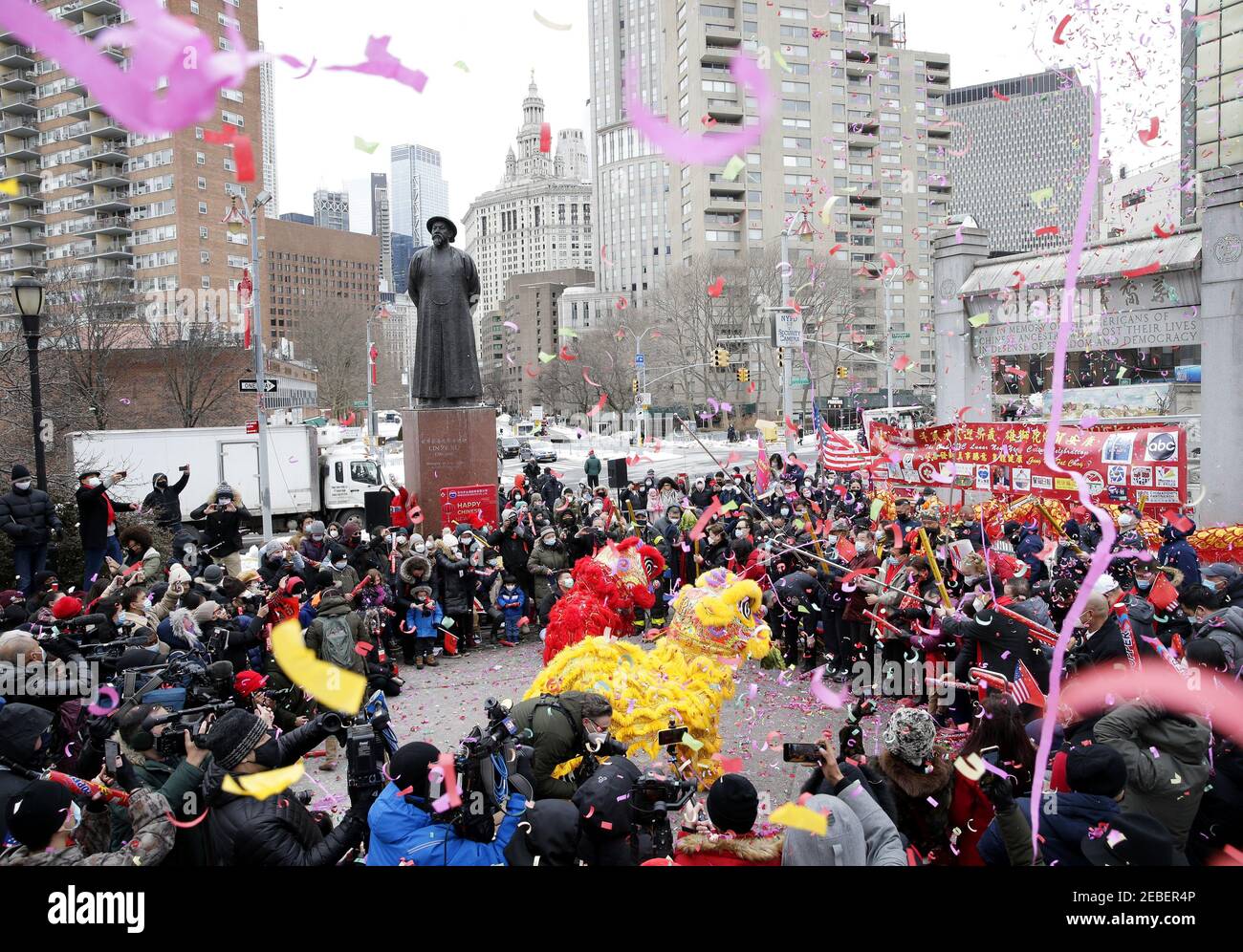 New York, United States. 12th Feb, 2021. Revelers surround a dragon ...