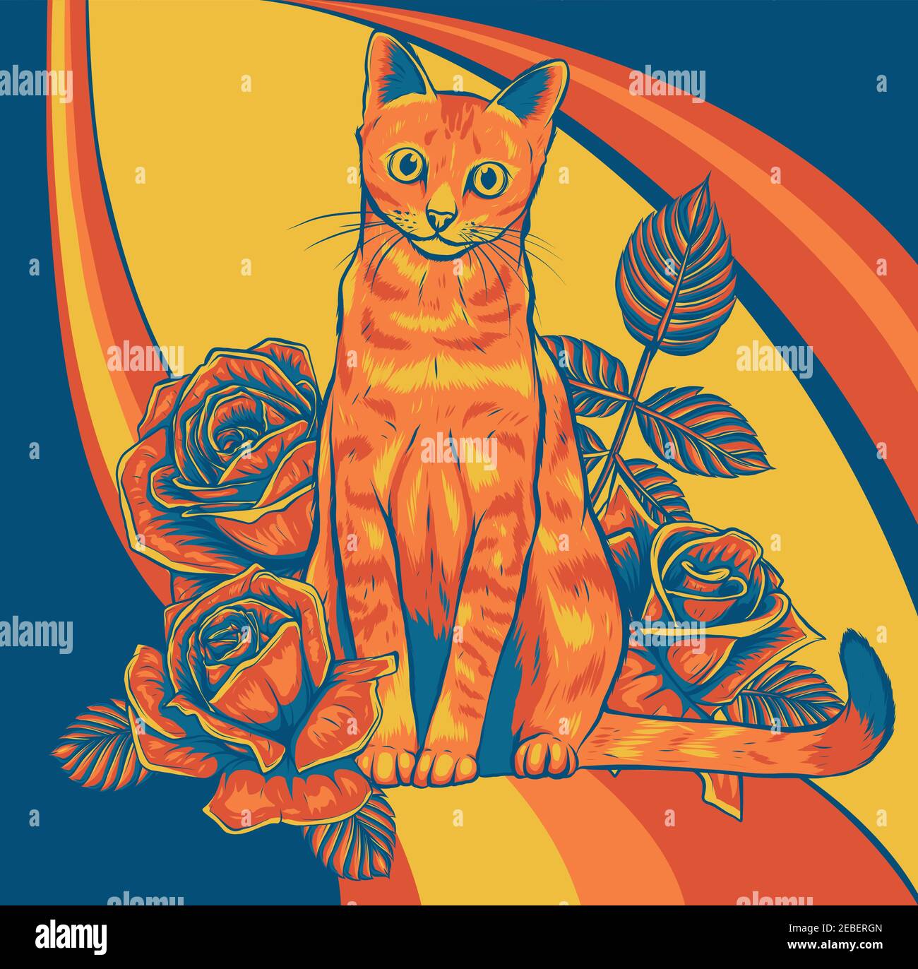 cat and roses on colored background vector illiustration Stock Vector ...