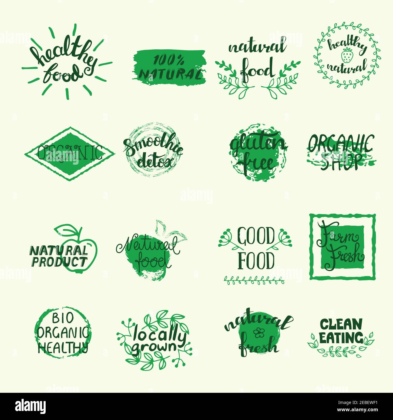 Healthy food labels set with bio eco and organic elements in green ...