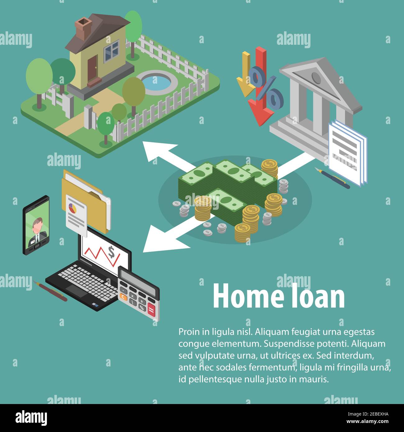 Bank credit and home loan concept with isometric house and financial ...