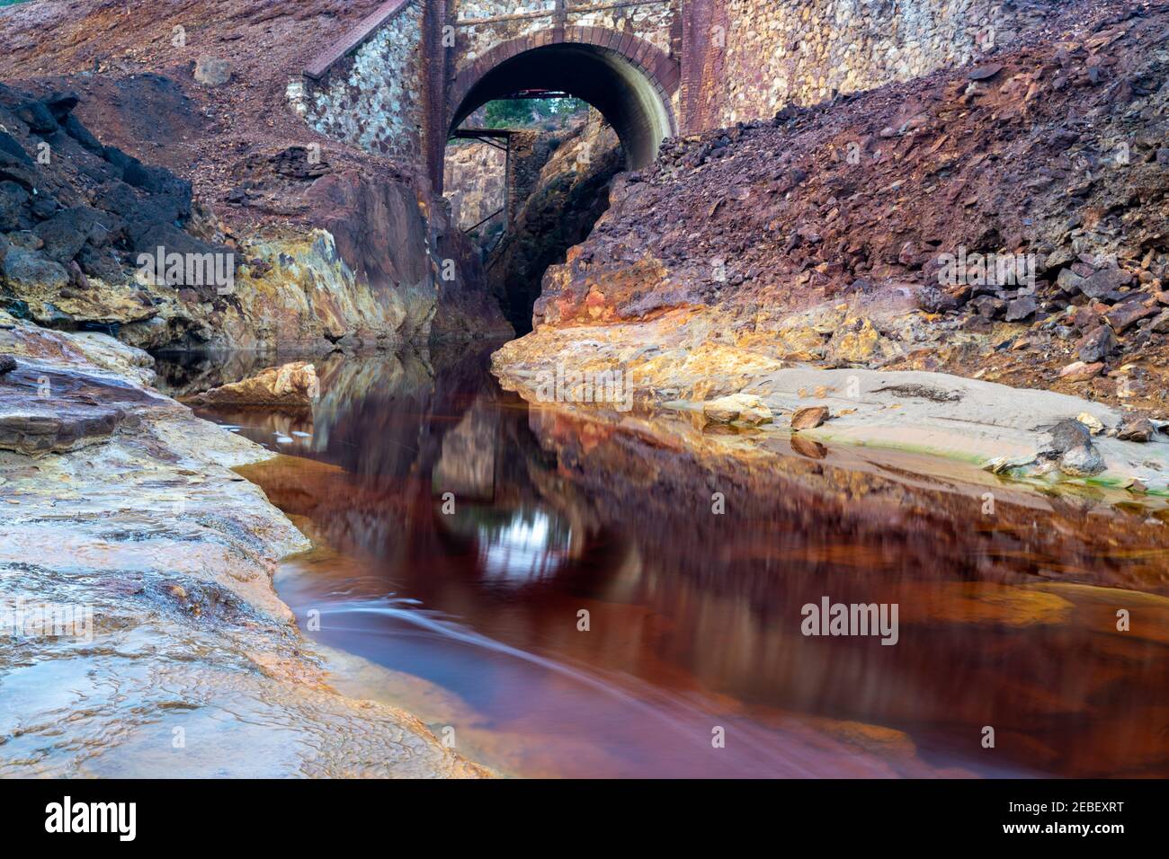 top down view of the Rio Tinto riverbed in the old mines with colorful ...