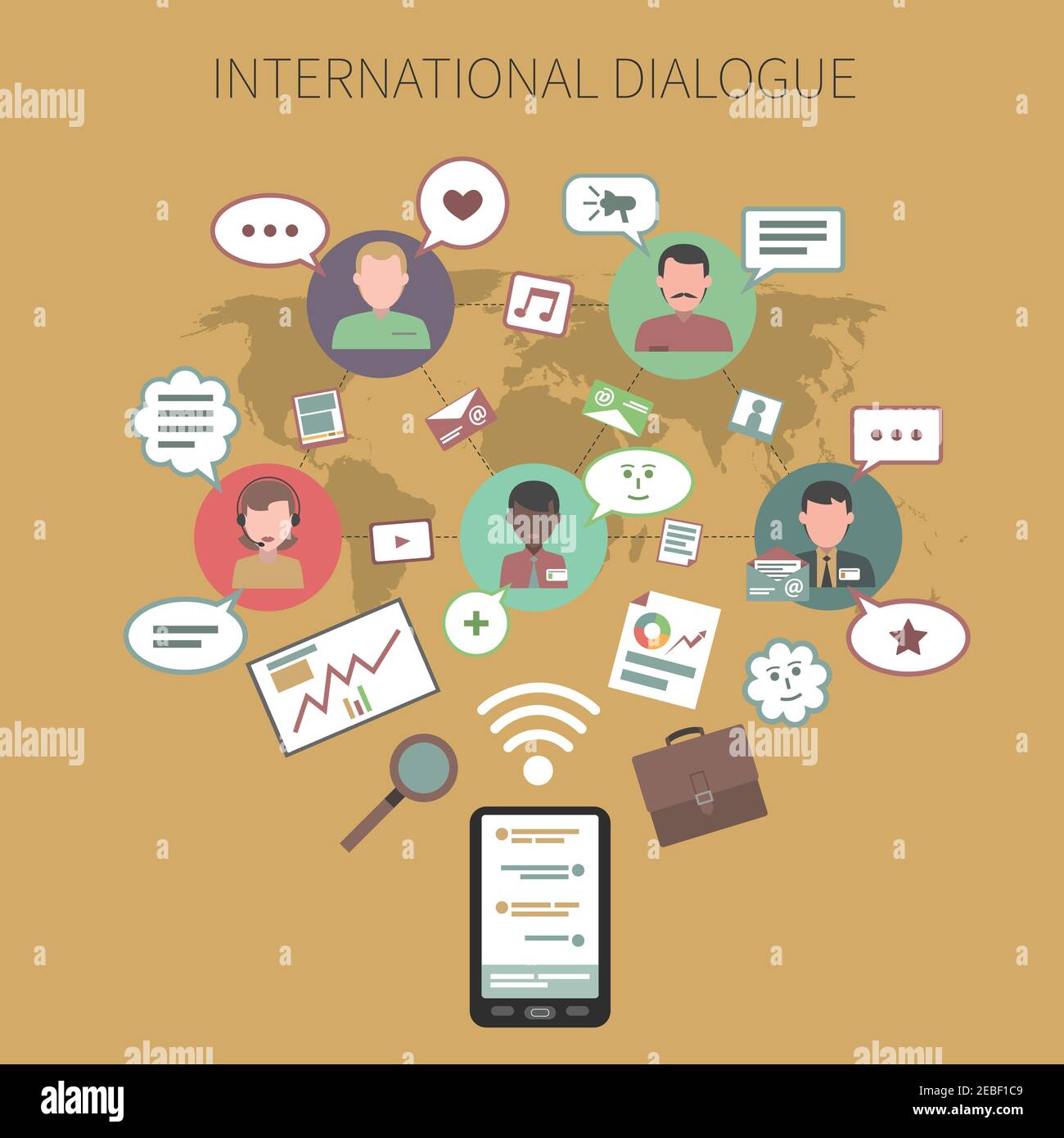 International dialogue concept with chart symbols and world map vector illustration Stock Vector ...