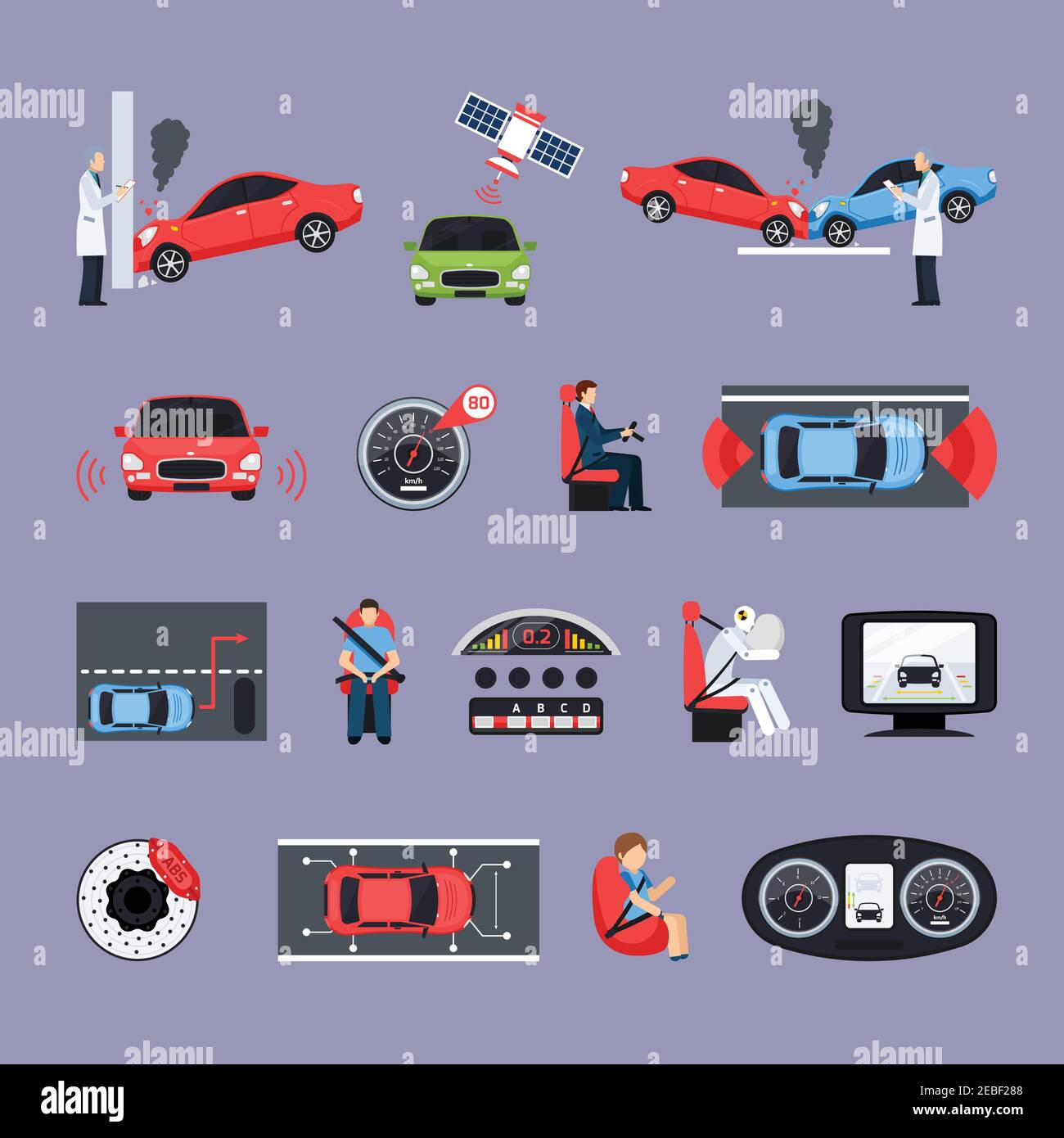 Car safety systems icons set with crash test symbols flat isolated ...