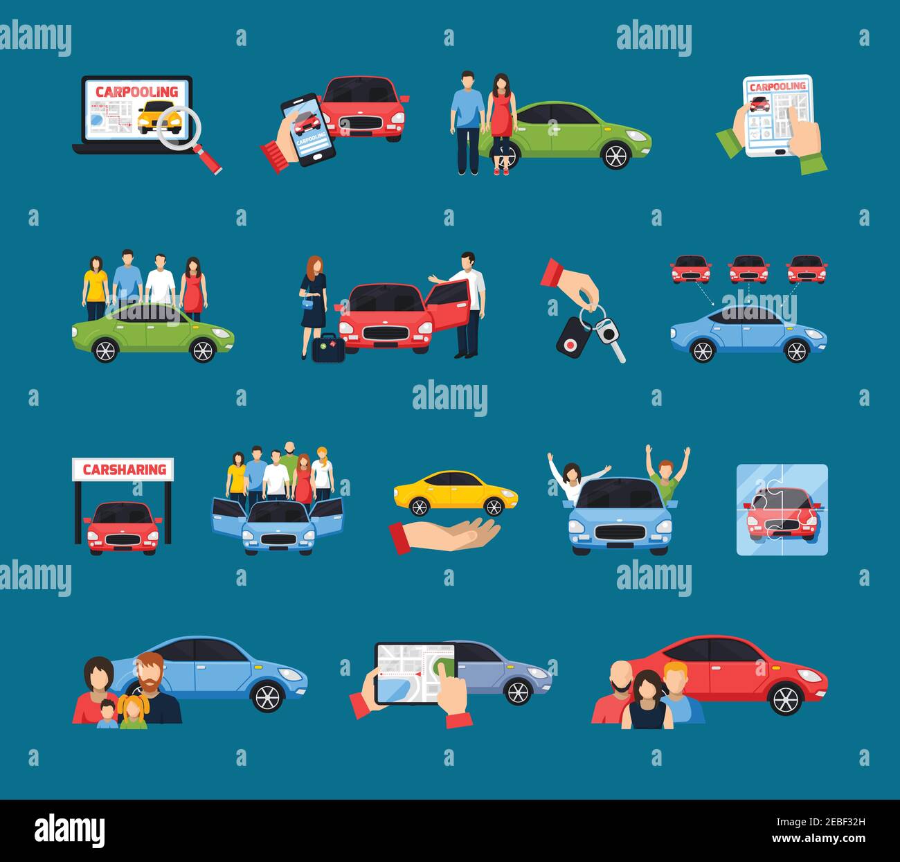 Carsharing icons set with carpooling symbols on blue background flat ...