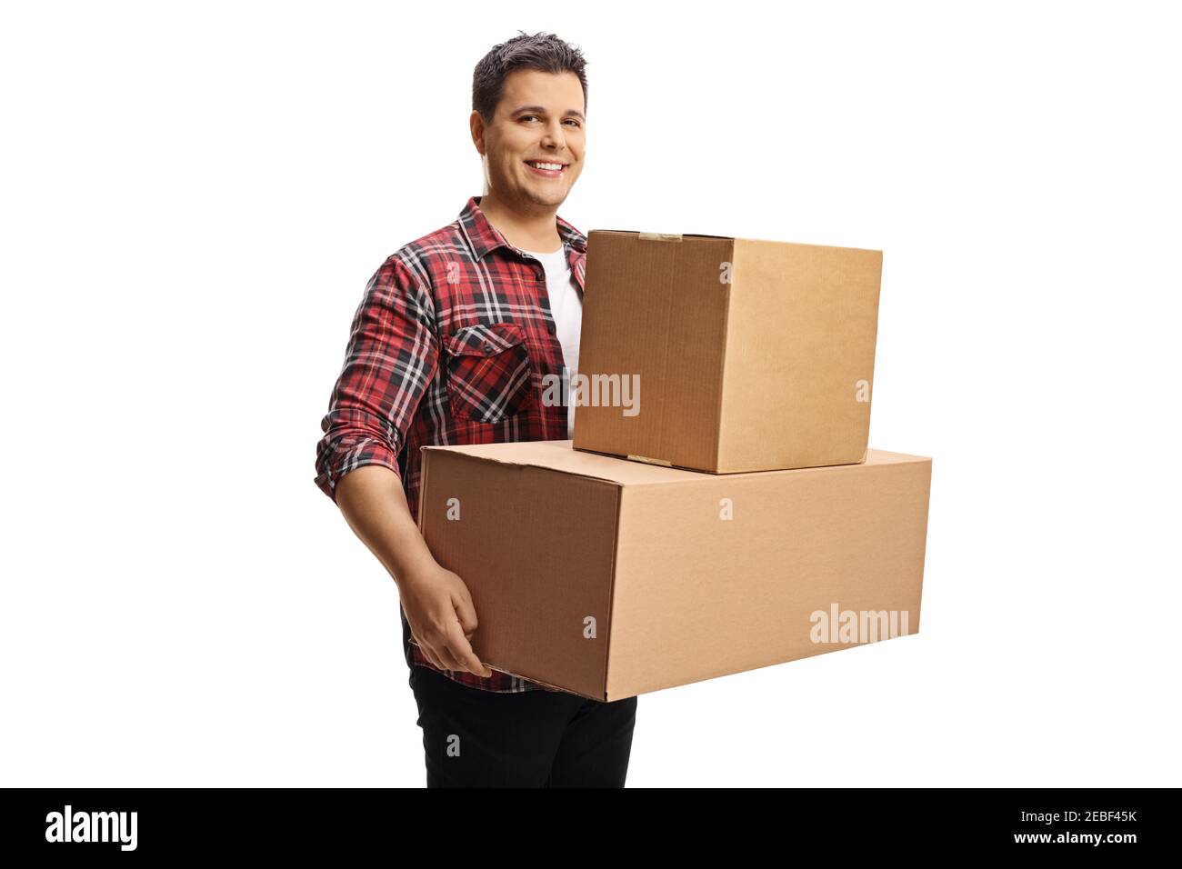 Guy carrying two cardboard boxes isolated on white background Stock ...
