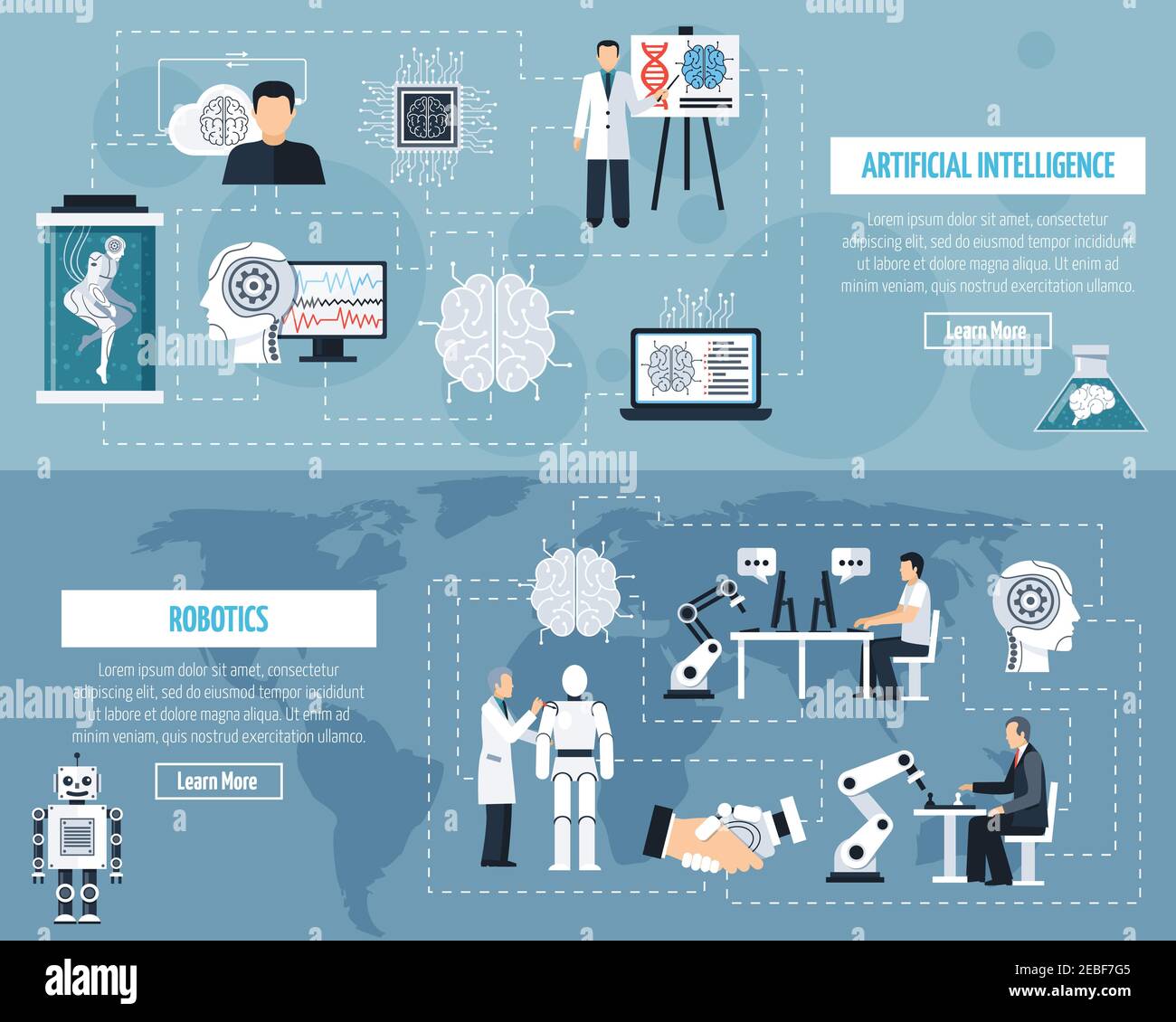 Artificial intelligence horizontal banners set with robotics symbols flat isolated vector ...