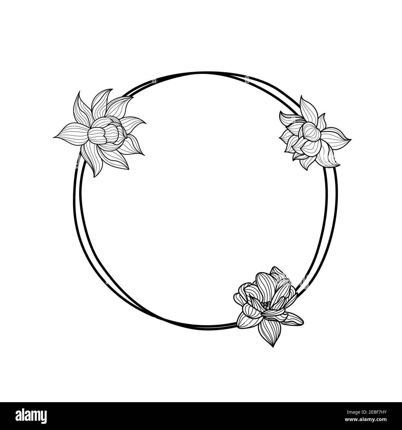 Round floral frame. Lotus leaves and flowers design elements. Black and ...