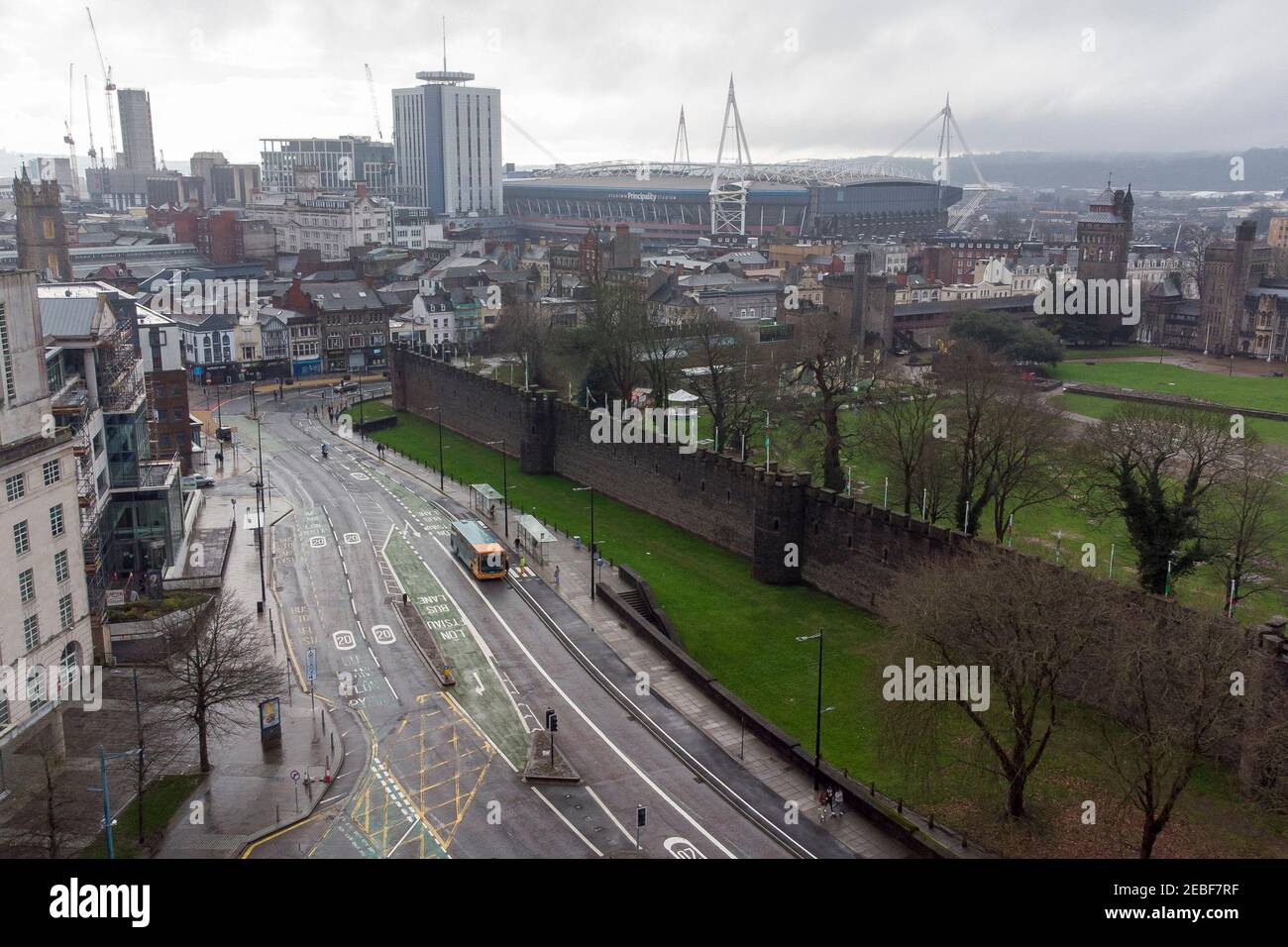 An aerial view of Cardiff City centre during the coronavirus lockdown ...