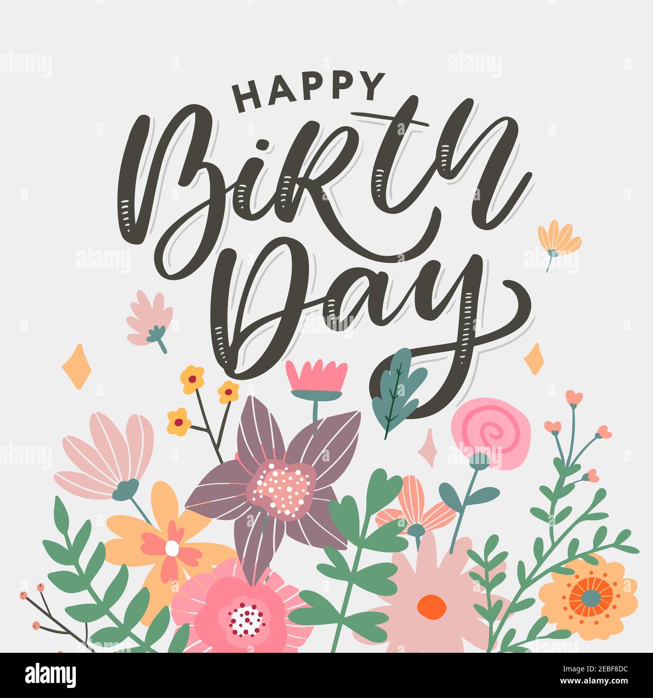 Beautiful happy birthday greeting card with flowers and bird. Vector ...