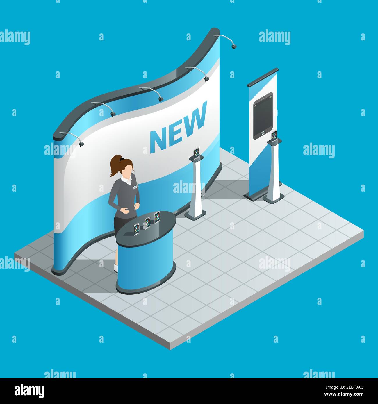 Exhibition isometric stand with female promoter and ad bilboard vector ...