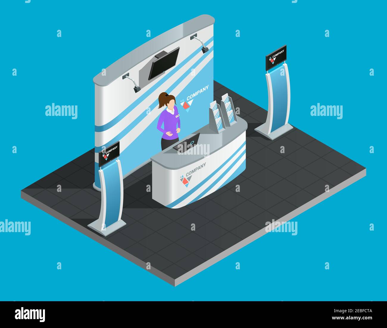 Exibition stand isometric with woman promoter vector illustration Stock ...