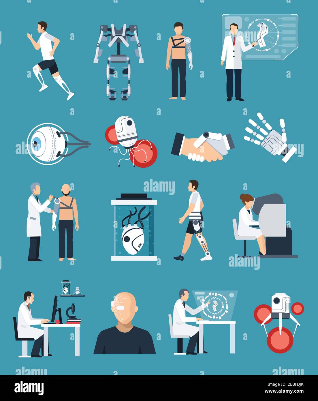 Bionics icons set with technology and science symbols on blue ...