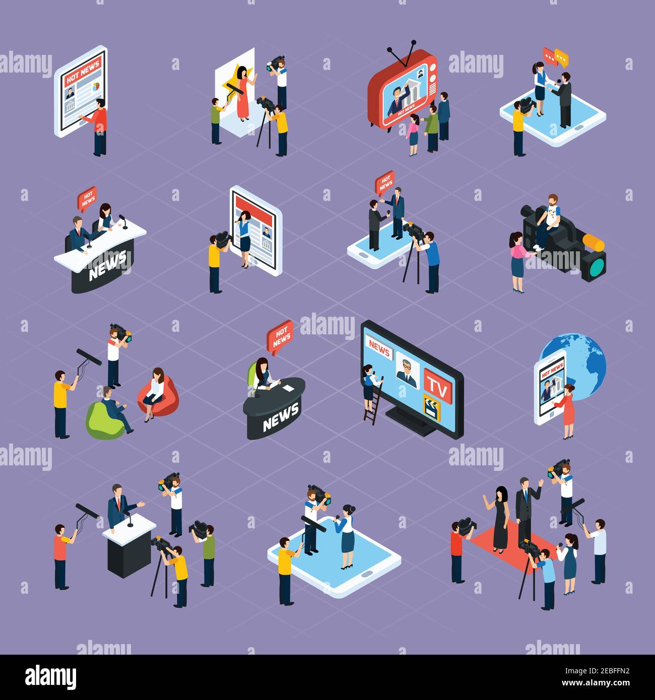 Reporters isometric icons set with media symbols isolated vector ...