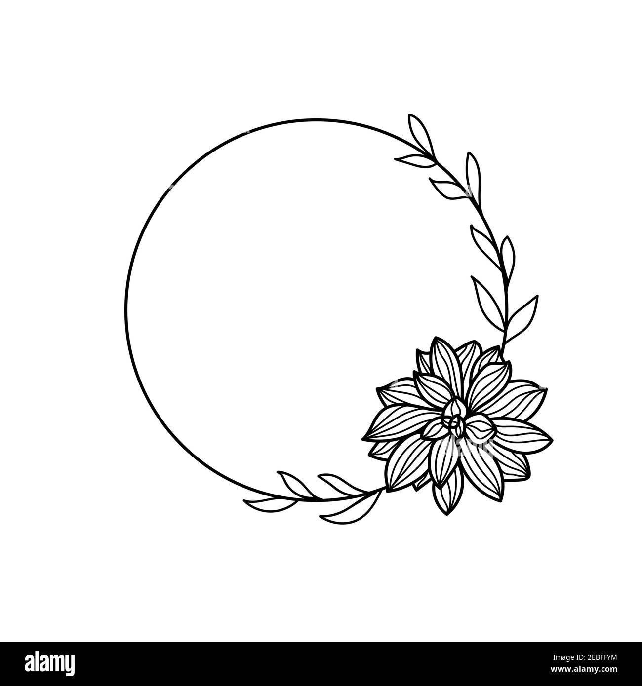 Round floral frame. Lotus leaves and flowers design elements. Black and ...