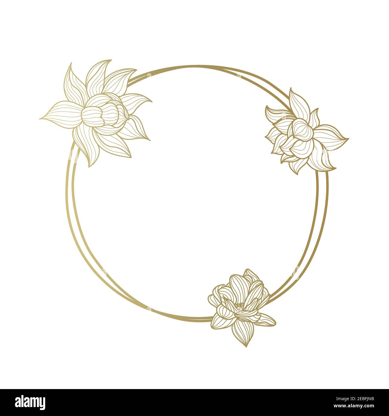 Round gold frame with flowers.Lotus. Vector illustration isolated on ...