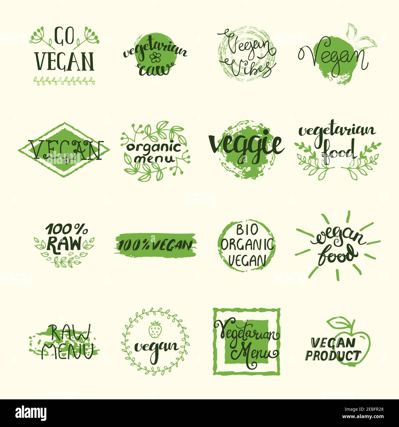 Vegan elements set of green labels logos and signs in retro style ...
