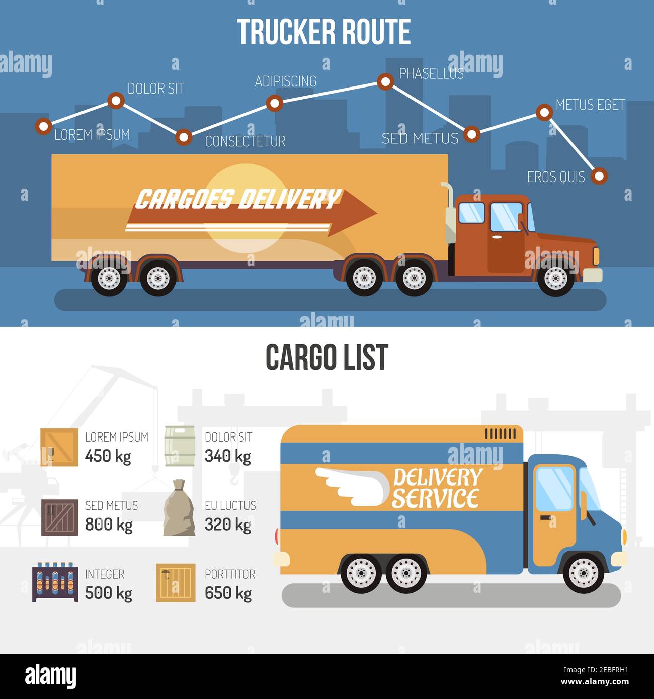 Flat horizontal delivery trucks banners presenting trucker route and ...