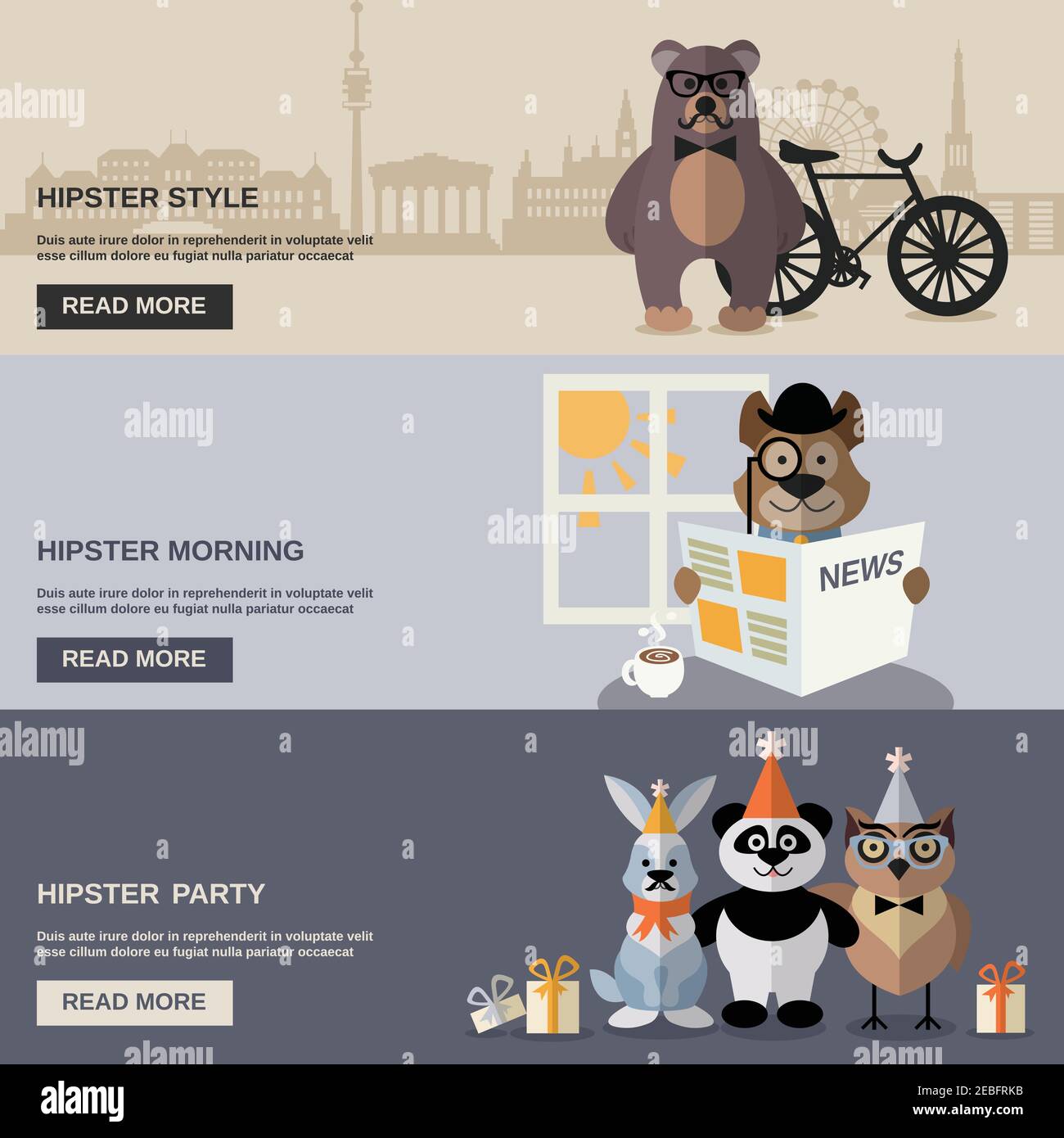 Hipster horizontal banner set with animal characters isolated vector ...
