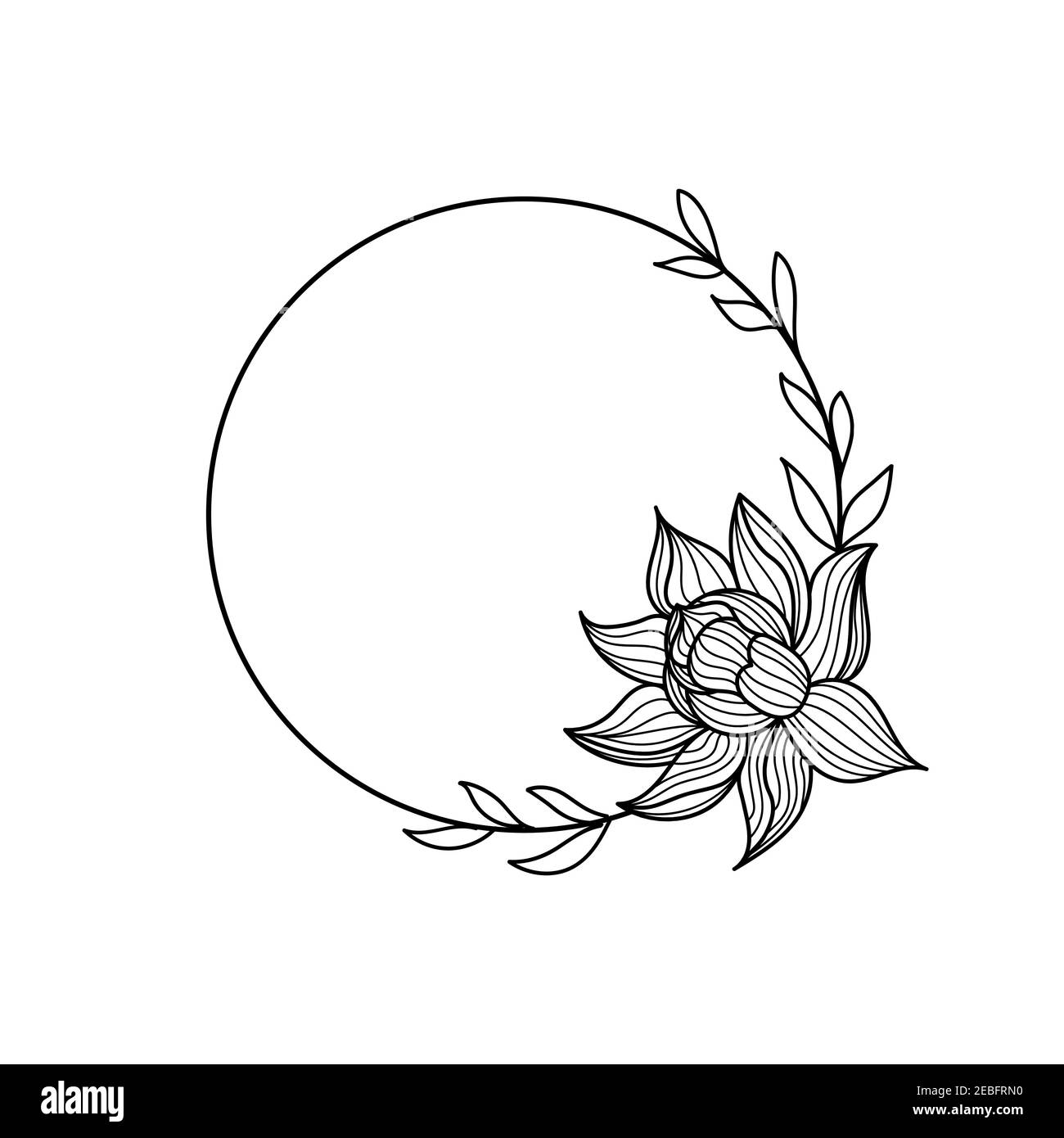 Round floral frame. Lotus leaves and flowers design elements. Black and ...