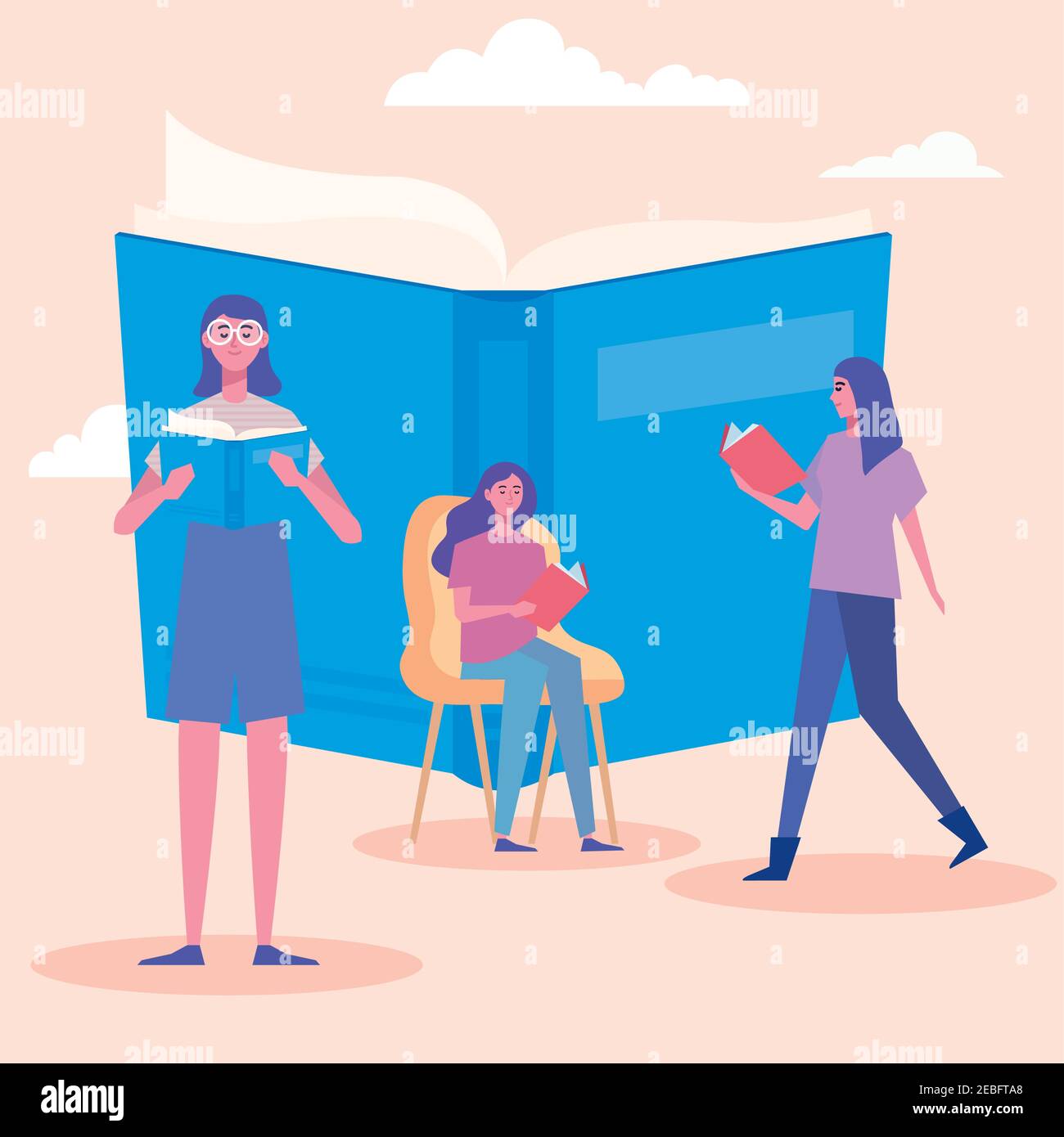 female readers reading books standing and seated characters Stock ...