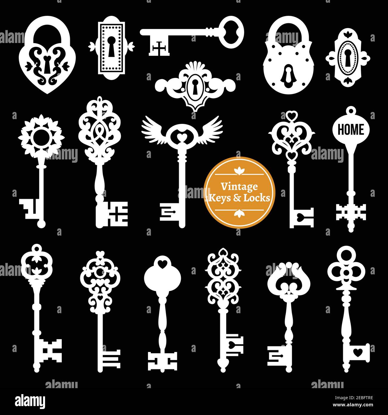 White keys and locks set on black background in vintage style isolated ...