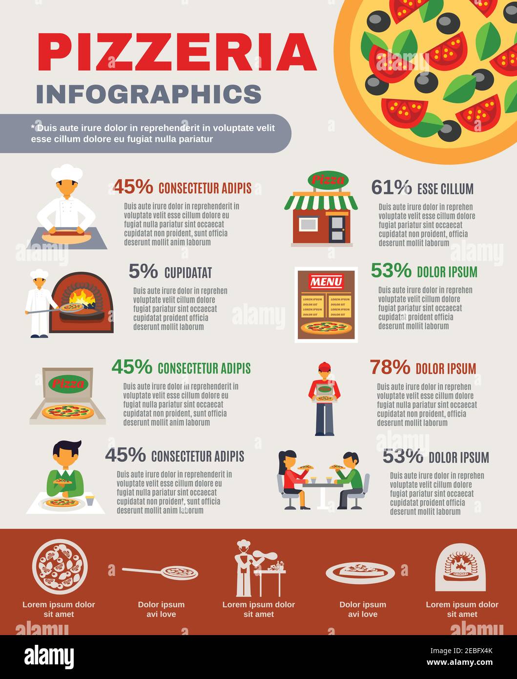 Pizzeria with pizza making and delivery infographic set with percentage ...