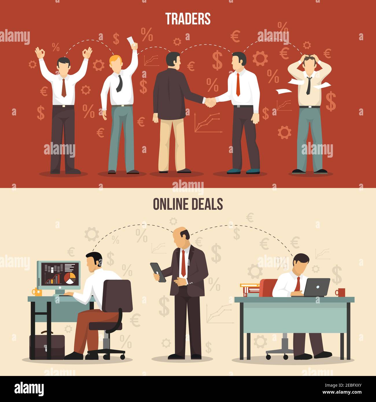 Horizontal trading finance banners with traders making agreements and ...