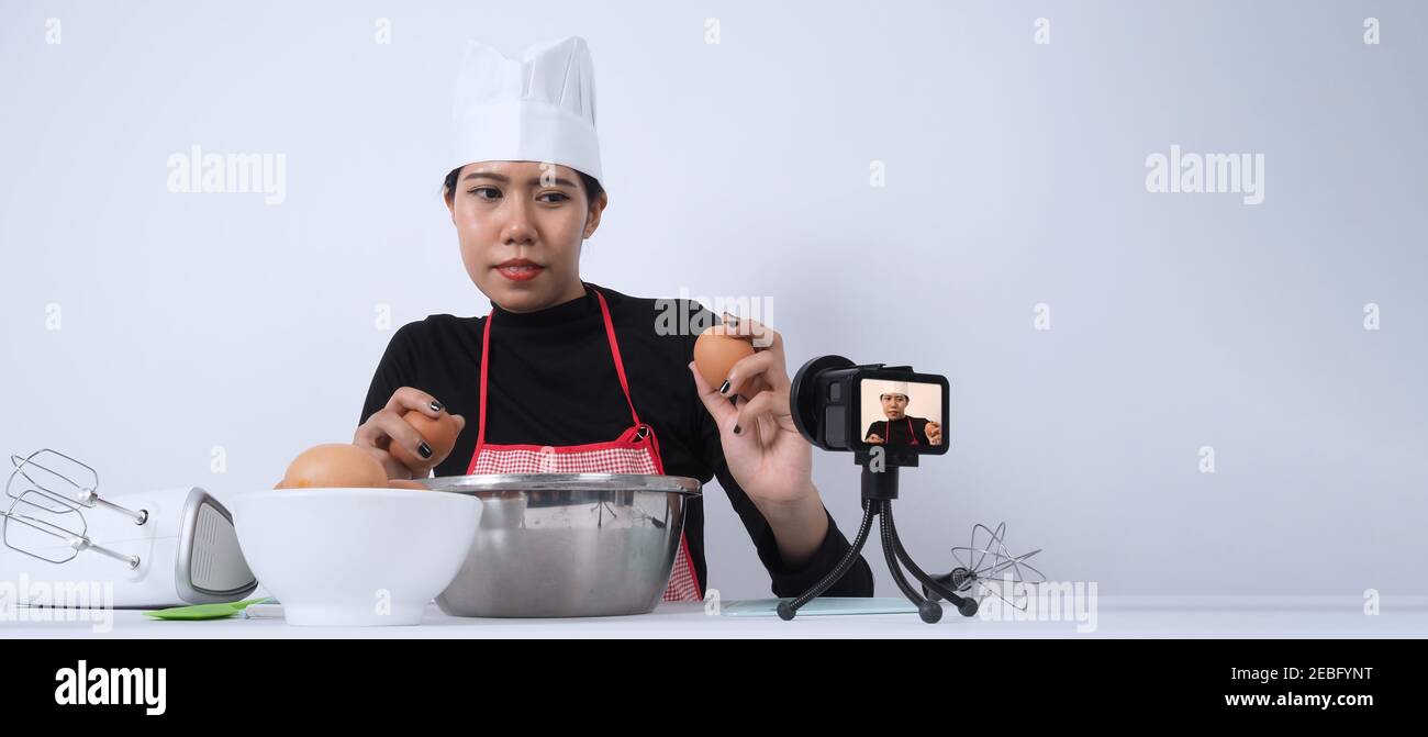 Food blogger. Asian woman chef streaming live. she communicating with ...