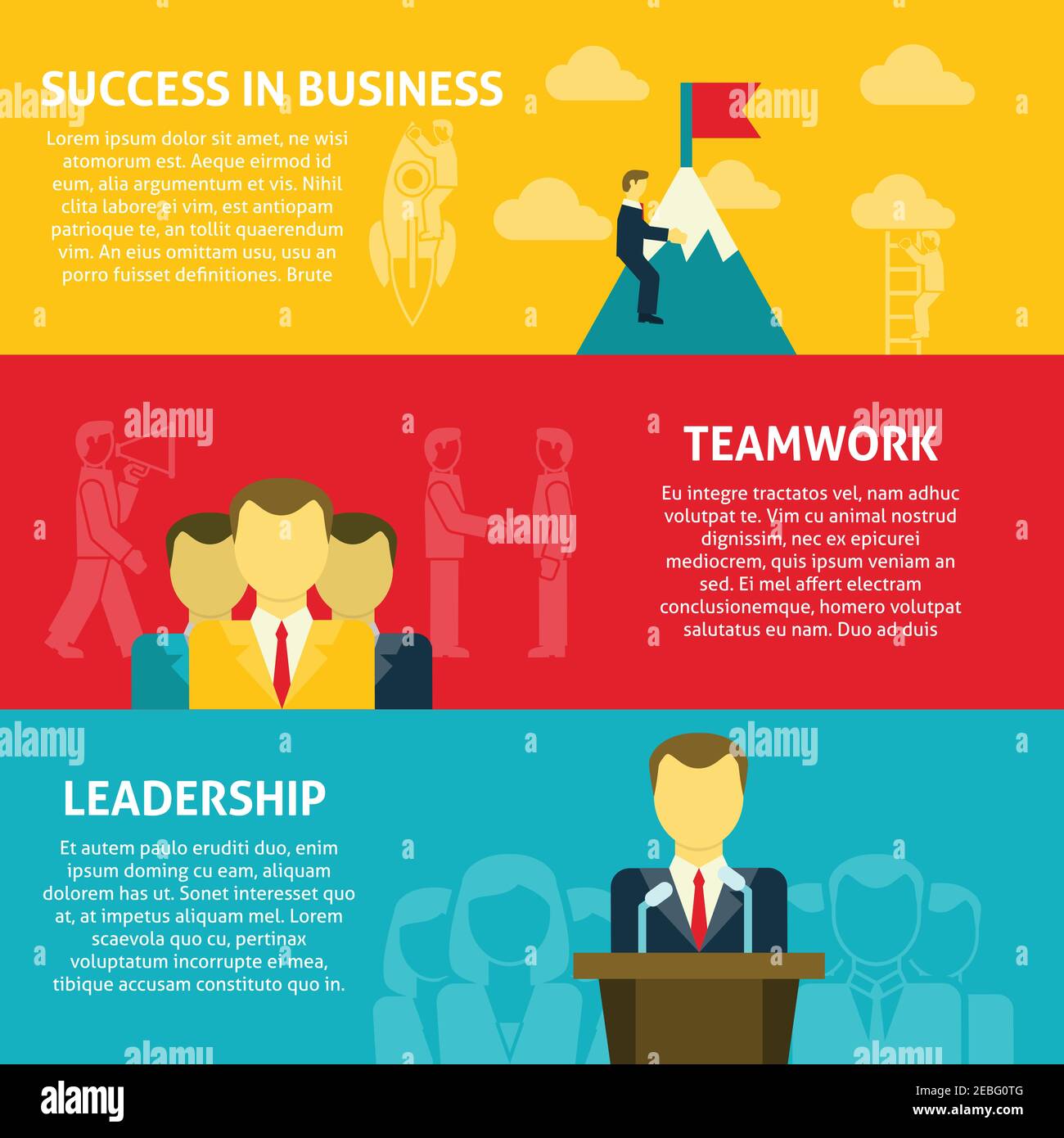 Leadership teamwork and success horizontal banners set flat isolated vector illustration Stock ...